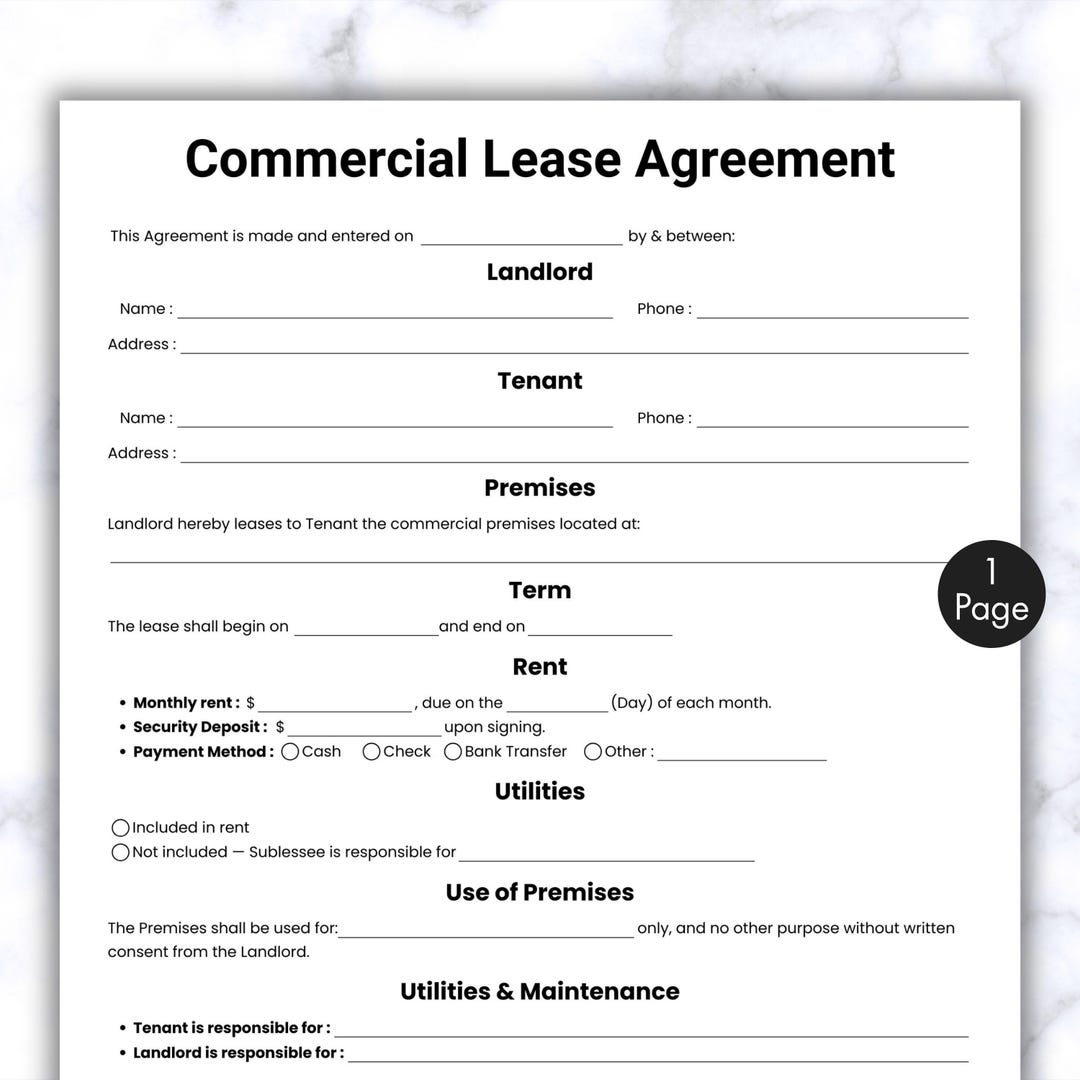 Simple Commercial Lease Agreement, One Page Business Rental Contract ...