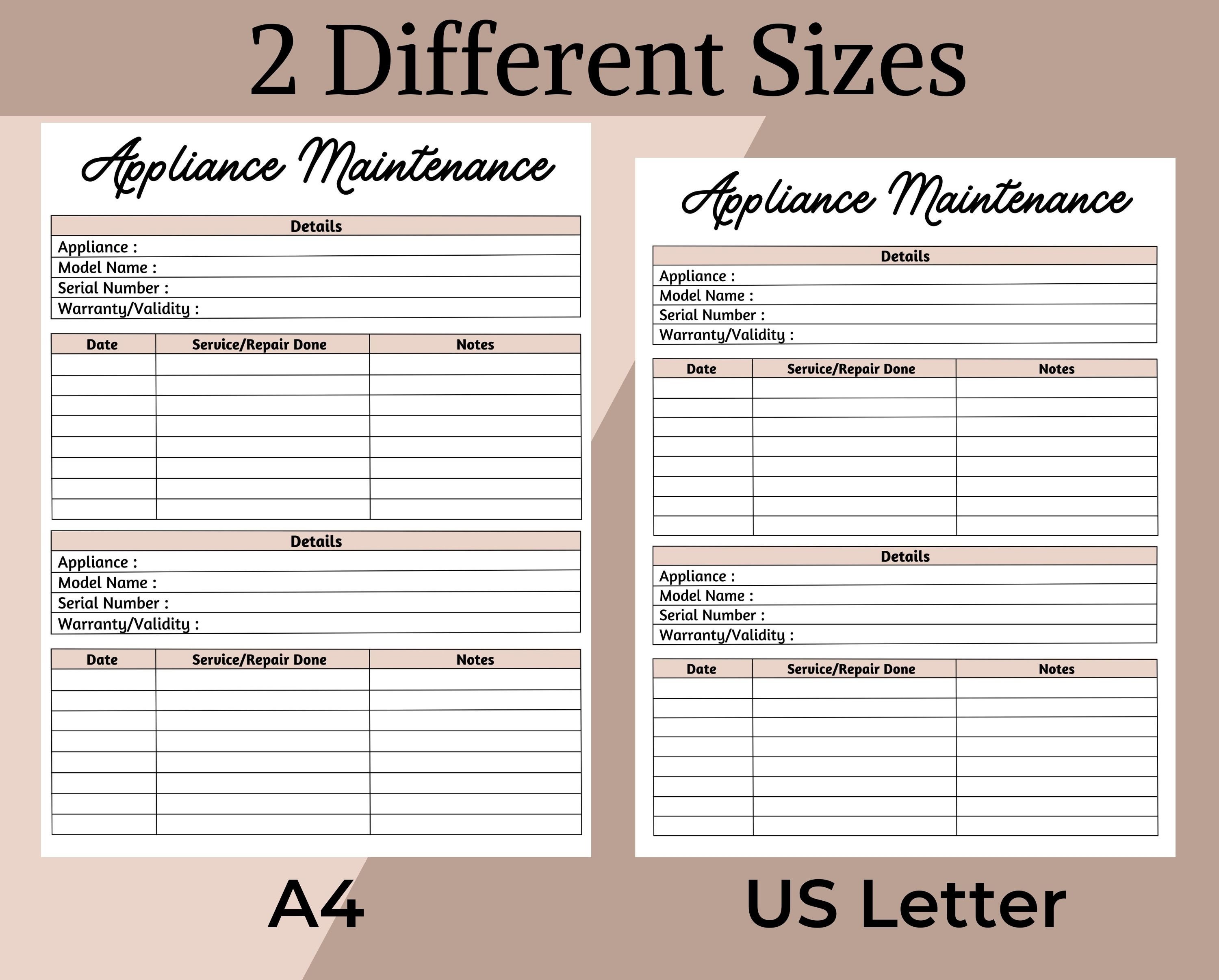 Appliance Maintenance Log Appliance Tracker for Home - Etsy