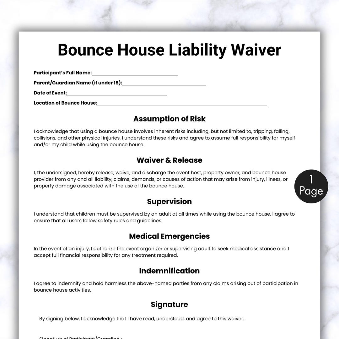 Simple Bounce House Liability Waiver, One Page Business Waiver Form ...
