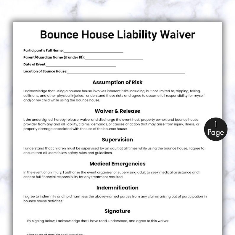 Simple Bounce House Liability Waiver, One Page Business Waiver Form ...