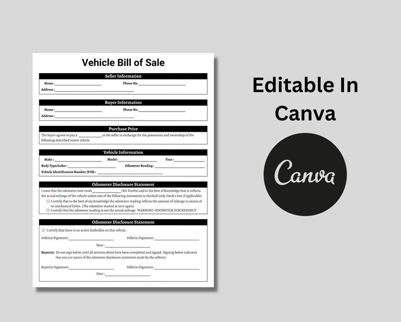 Printable Vehicle Bill for Sale Motor Bike and Car Sale Form Digital ...