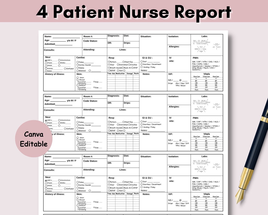 4 Patient Nurse Report Sheet, Nursing Brain, ICU Nurse Shift Report ...