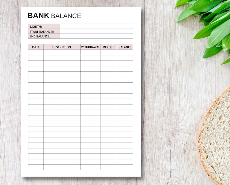 Bank Balance Printable Balance Sheet Bank Summary Finance Savings Log ...