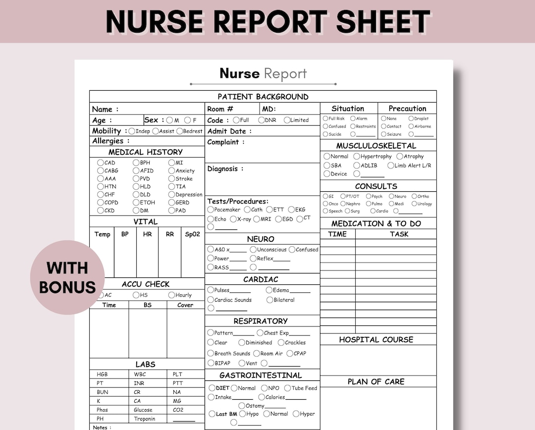 Printable Nursing Report Sheet Med Surg, Nurse Brain, SBAR Nurse Sheet ...