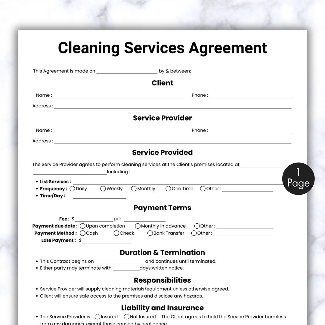 Simple Cleaning Service Agreement, One Page Cleaning Business Form ...