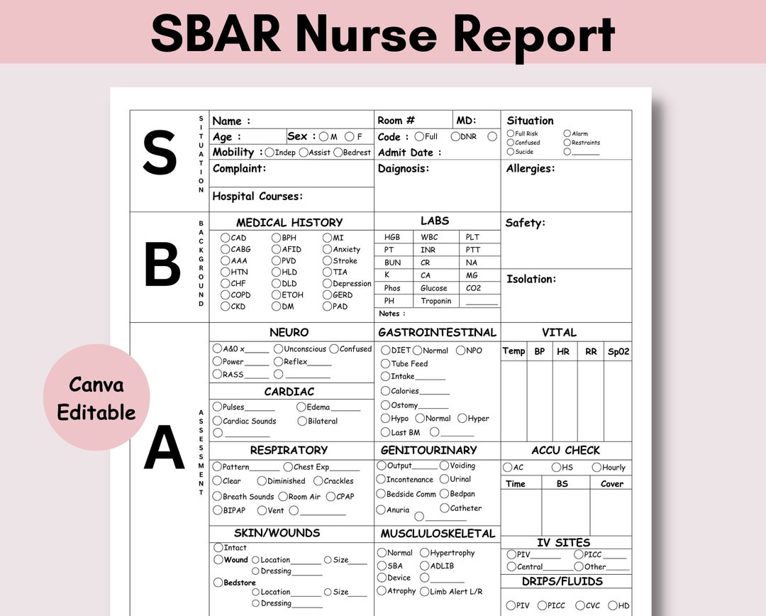 SBAR Nurse Report Sheet, Printable Med Surg Nurse Brain ICU Report ...