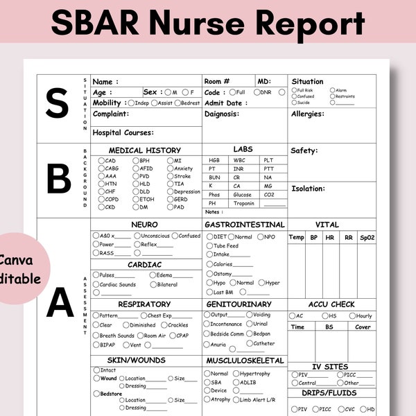 Sbar Nurse Report Sheet - Etsy