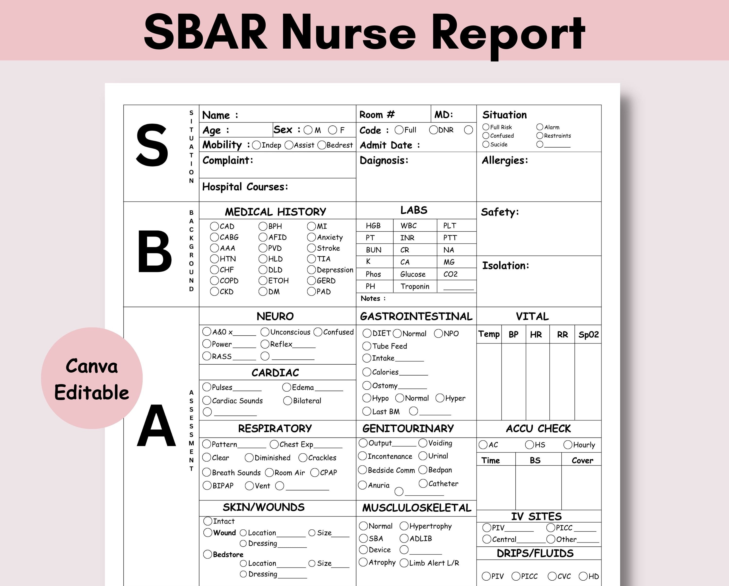SBAR Nurse Report Sheet, Printable Med Surg Nurse Brain ICU Report ...