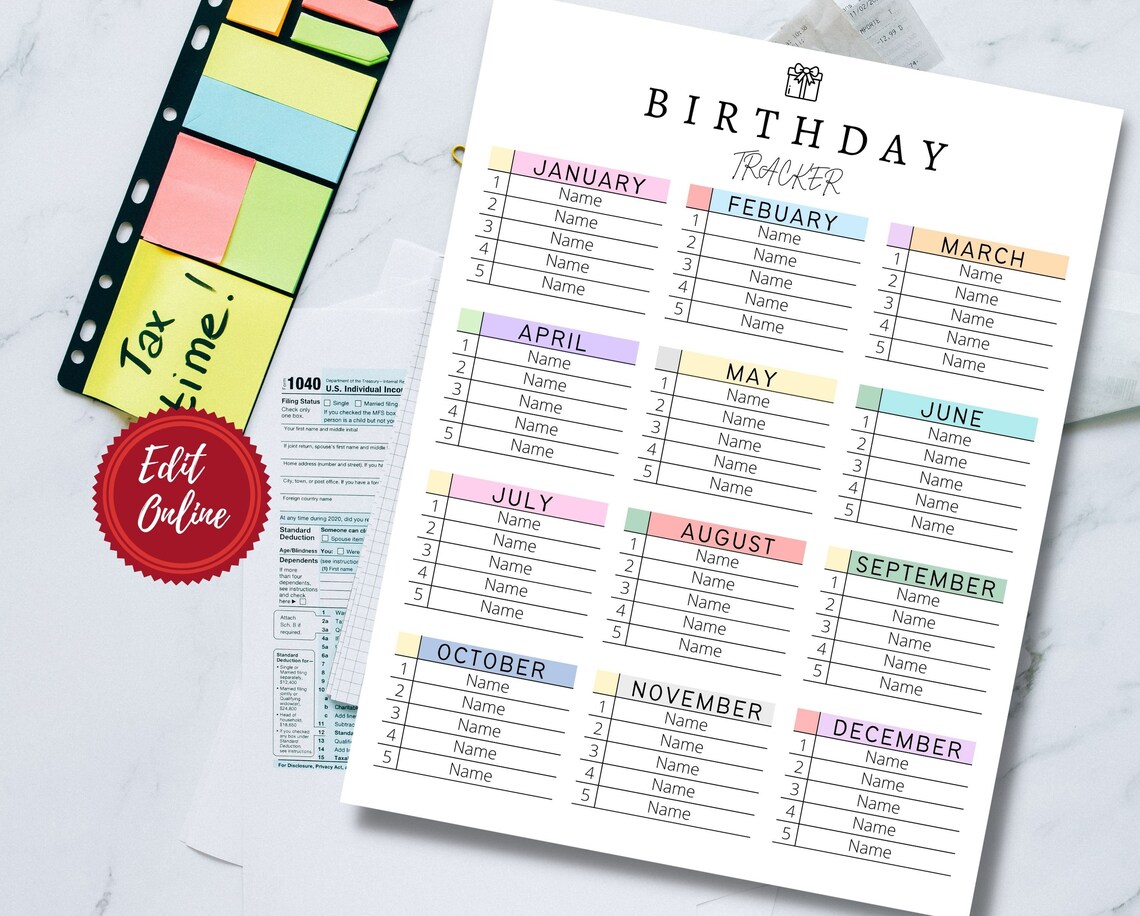 Printable Birthday Tracker Editable Birthday Planner - Etsy