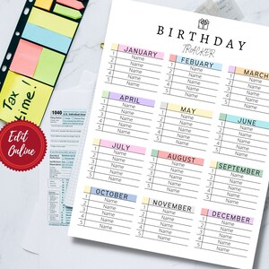 Printable Birthday Tracker, Editable Birthday Planner, Birthday Insert ...