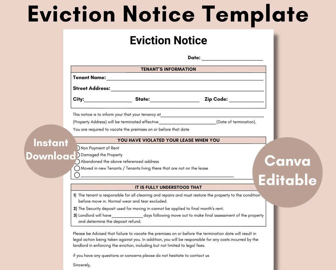 Editable Eviction Notice, Printable Notice to Vacate Template, Lease ...