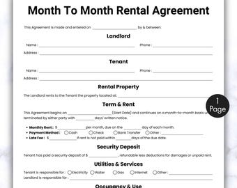 One Page Month to Month Rental Agreement, Editable Tenant Agreement ...