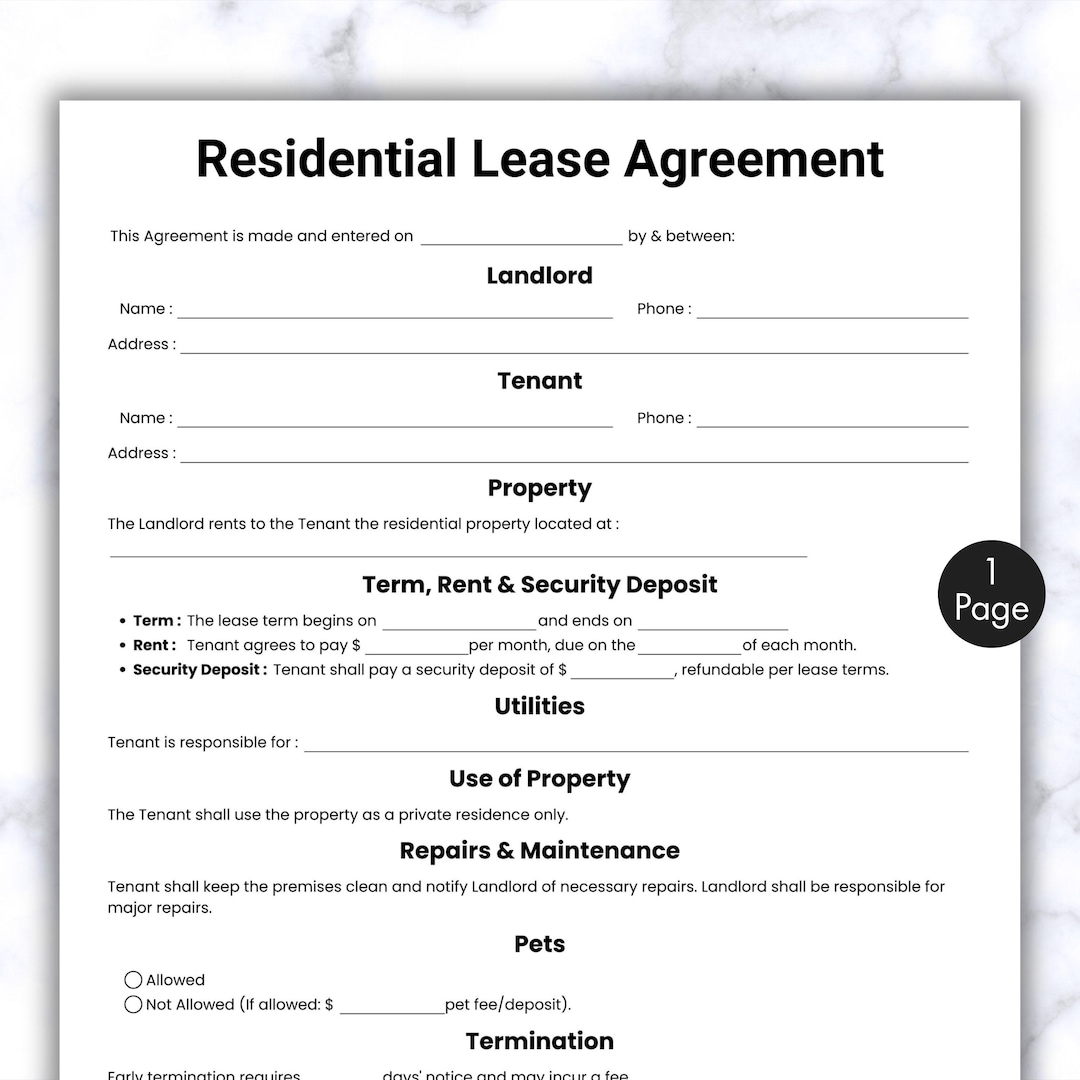 Simple Rental Agreement Template, One Page Lease Agreement, Printable ...