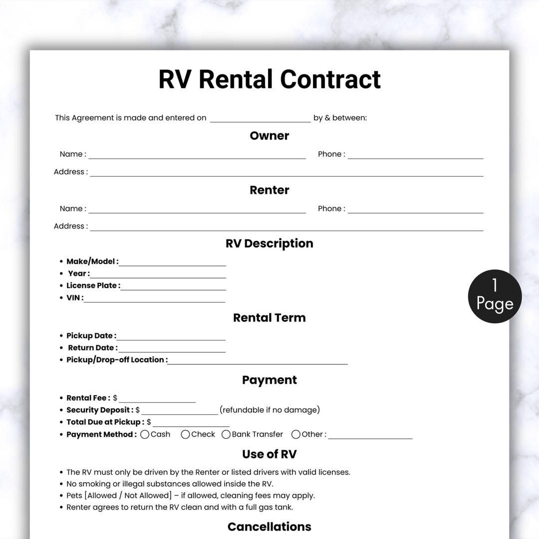 Simple RV Rental Agreement, One Page Motorhome Contract, Printable ...