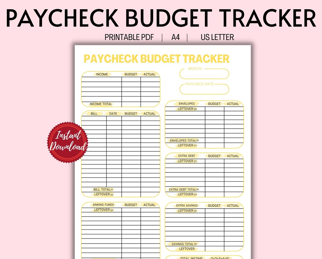 Printable Yellow Paycheck Budget Tracker, Budget Template, Budget ...