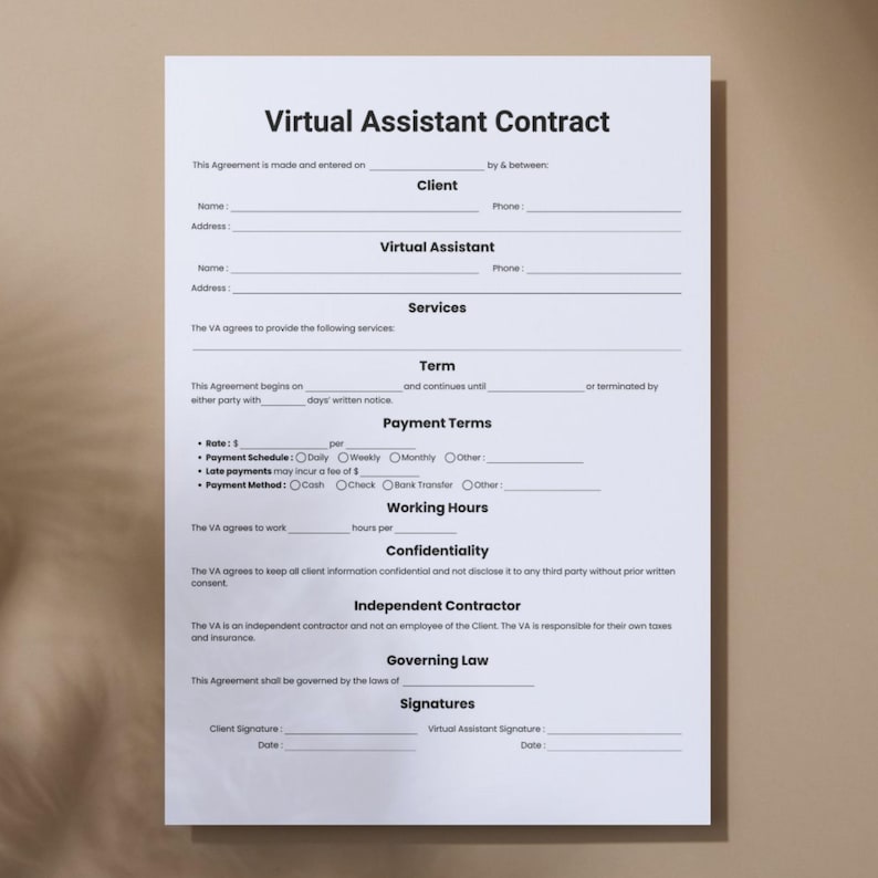 Simple Virtual Assistant Contract, One Page Freelance Assistant ...