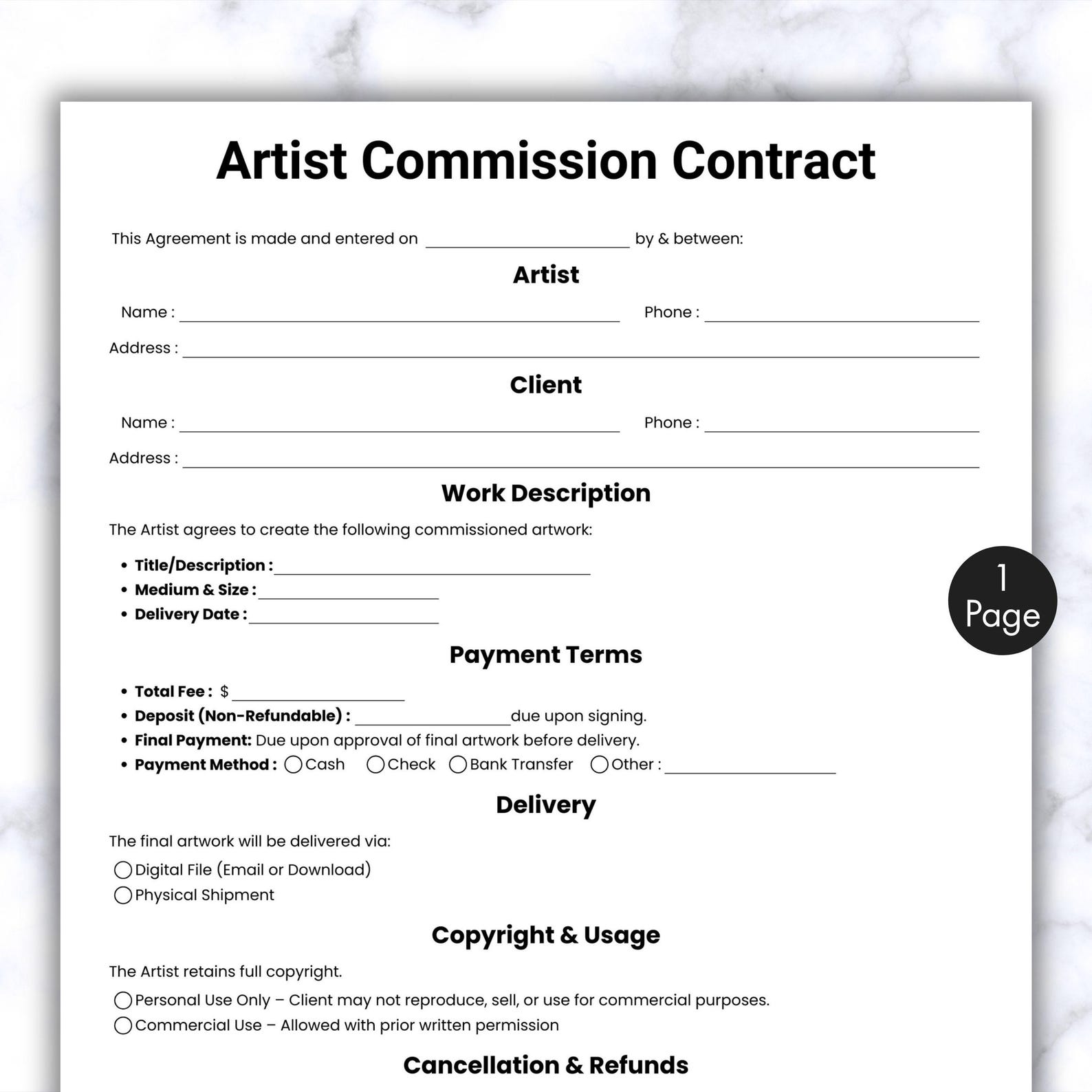 Simple Artist Commission Contract, One Artwork Contract Form, Printable ...