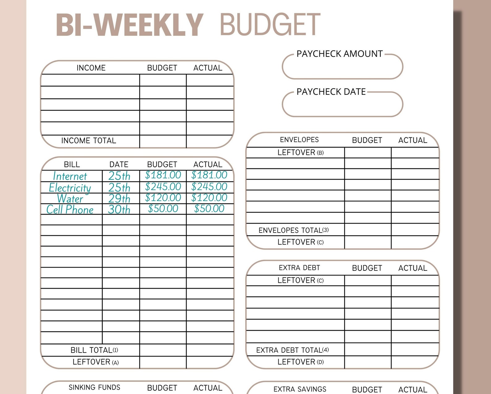 Bi-weekly Budget Overview Template Printable Canva Editable - Etsy