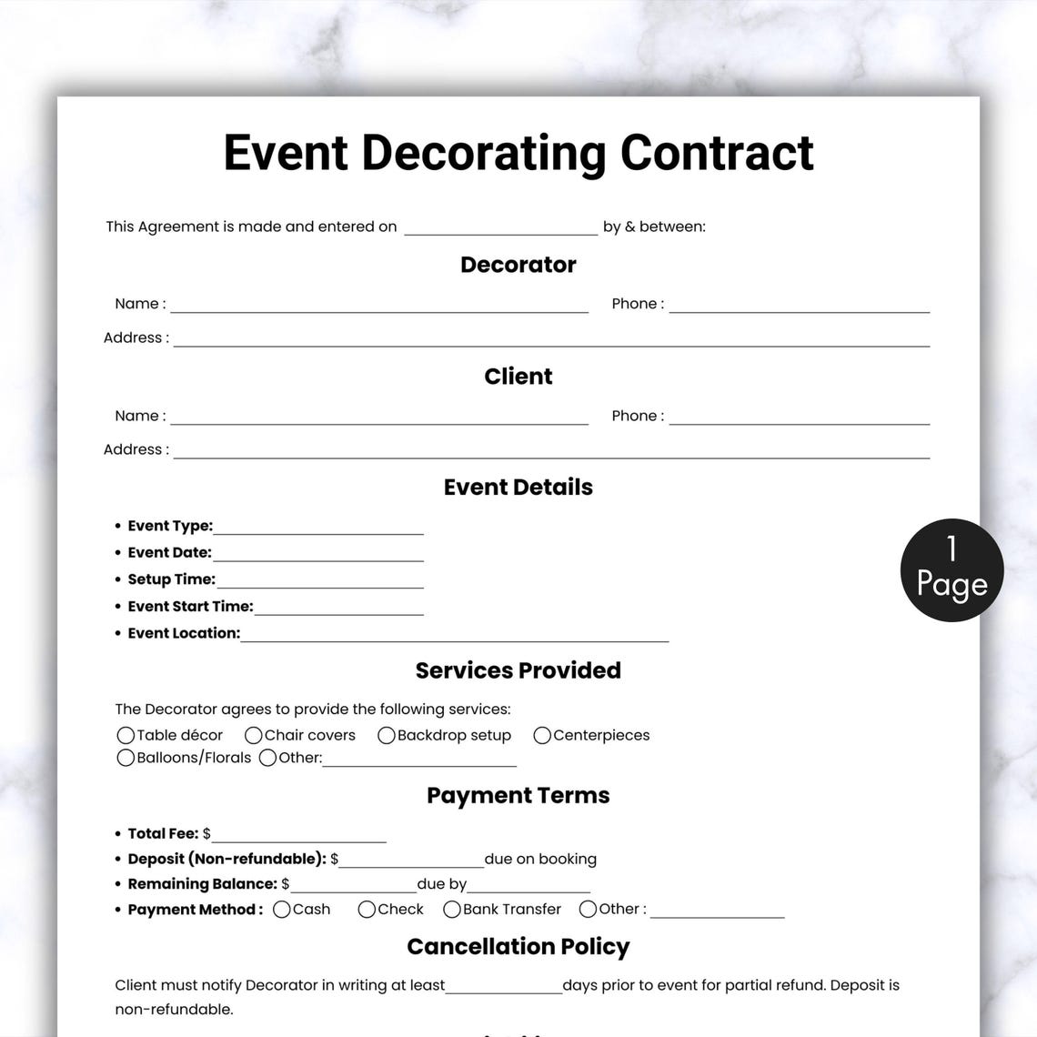 Simple Event Decorating Contract, One Page Event Planning Service ...