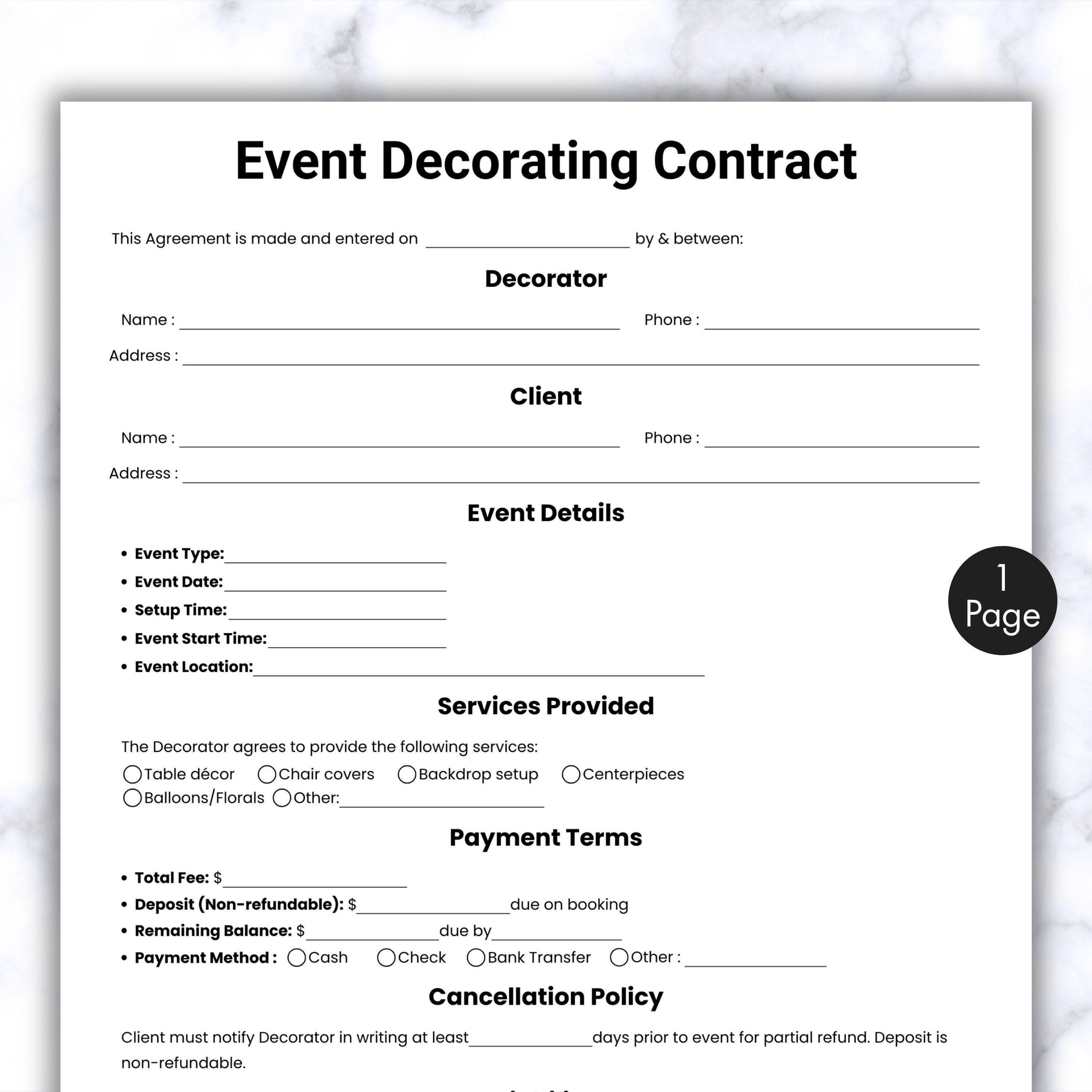 Simple Event Decorating Contract, One Page Event Planning Service ...