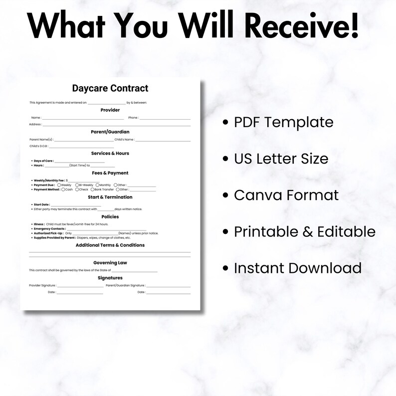 Simple Daycare Contract Template, One Page Daycare Forms, Printable ...