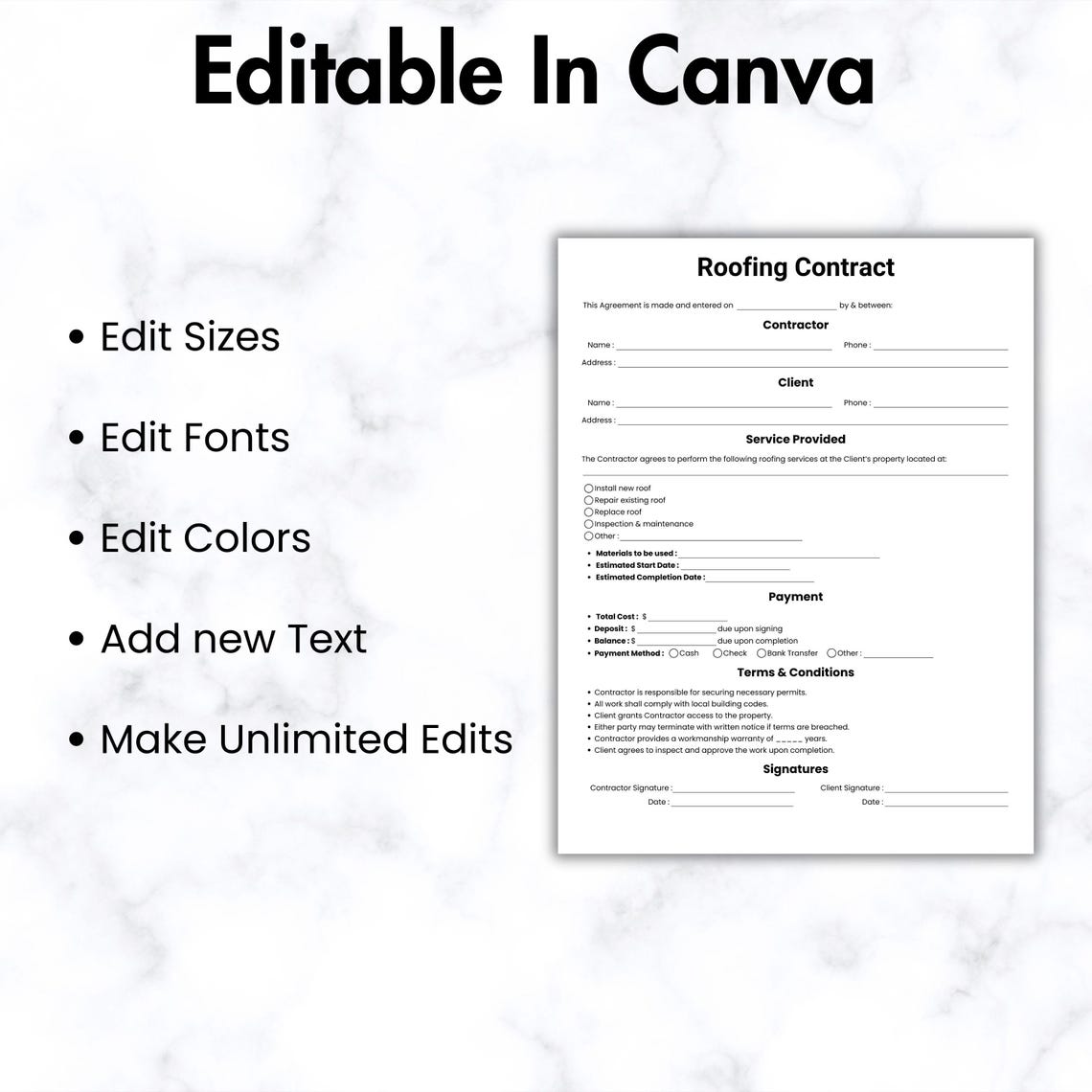 Simple Roofing Contract, One Page Roofer Contract, Printable & Editable ...