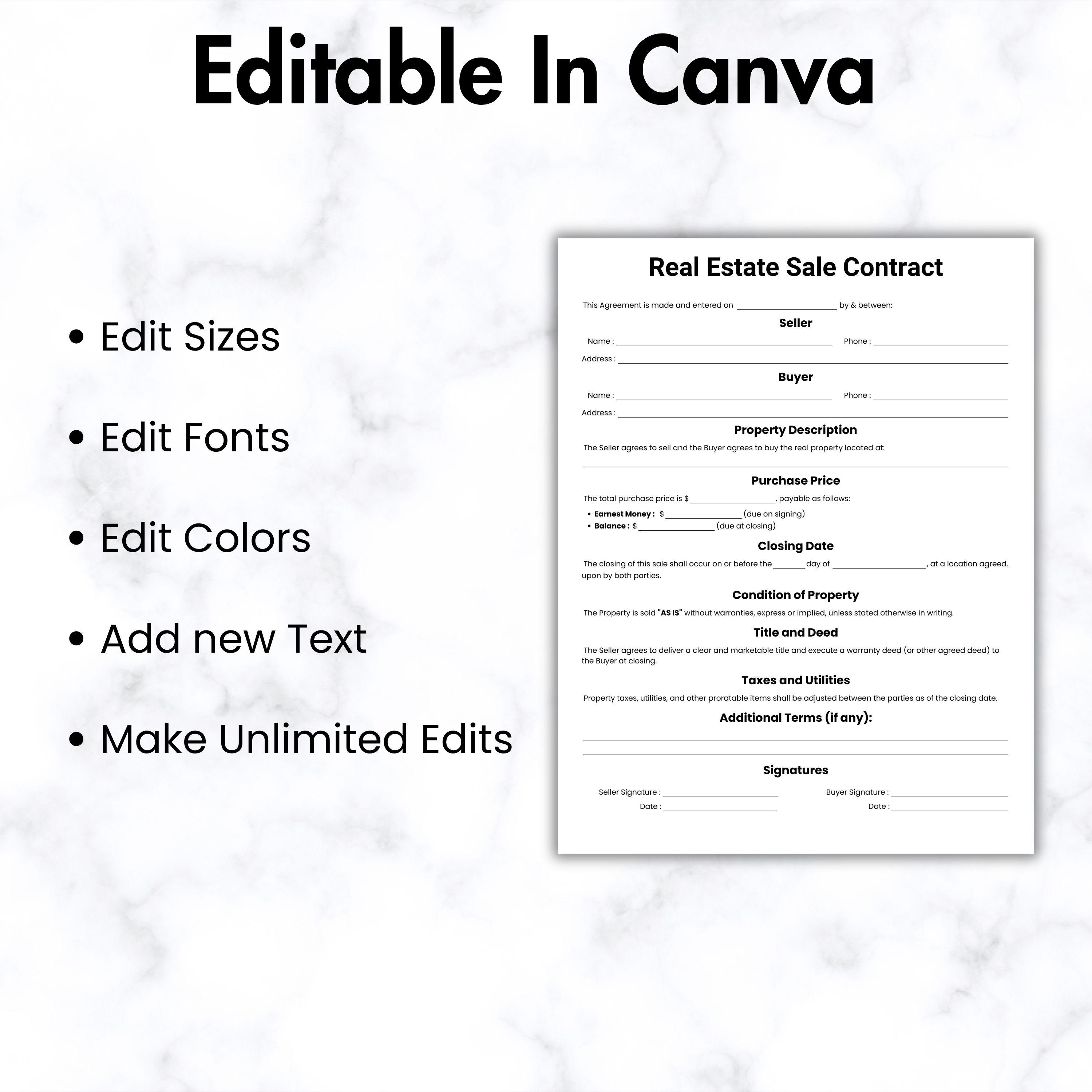 Simple Real Estate Sale Contract, One Page Purchase Agreement Template ...