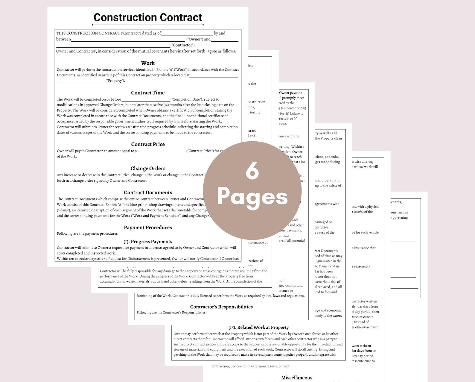 Construction Contract Printable Construction Template - Etsy