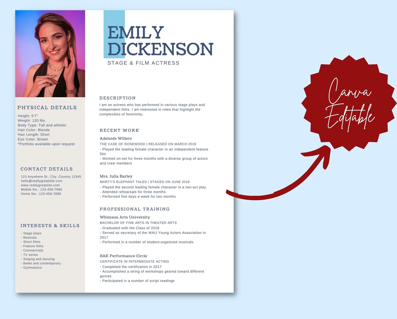 Editable Acting Resume Template With Photo for Word Actor & - Etsy