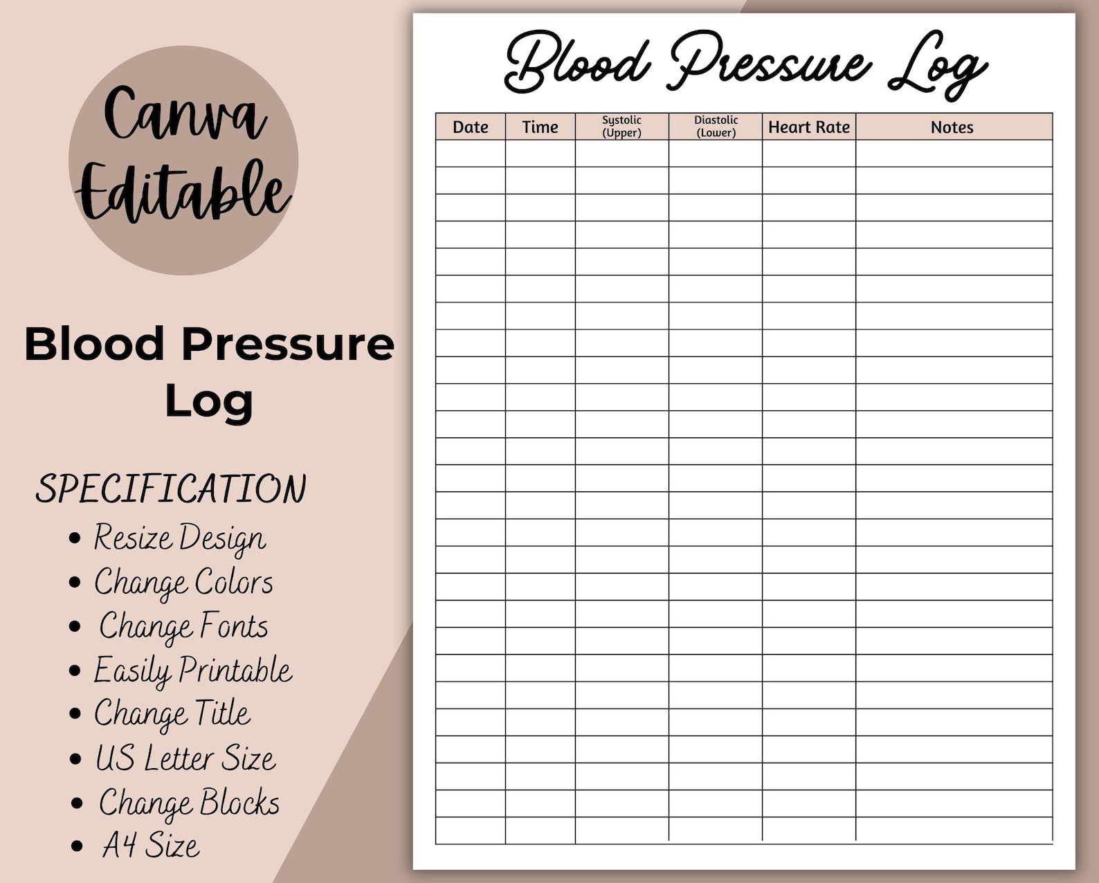 Blood Pressure Log Printable, Editable Blood Pressure Tracker. Medical ...