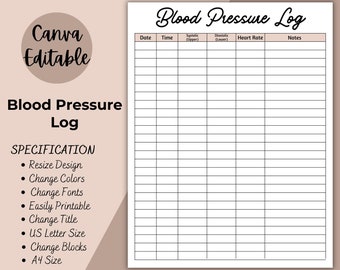 Blood Pressure Log Printable Digital. Blood Pressure Tracker. Medical ...