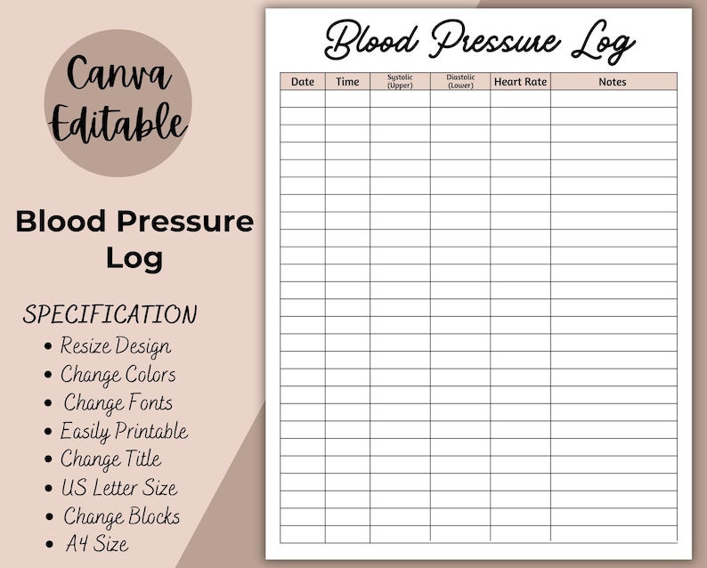 Blood Pressure Log Printable Editable Blood Pressure Tracker. - Etsy
