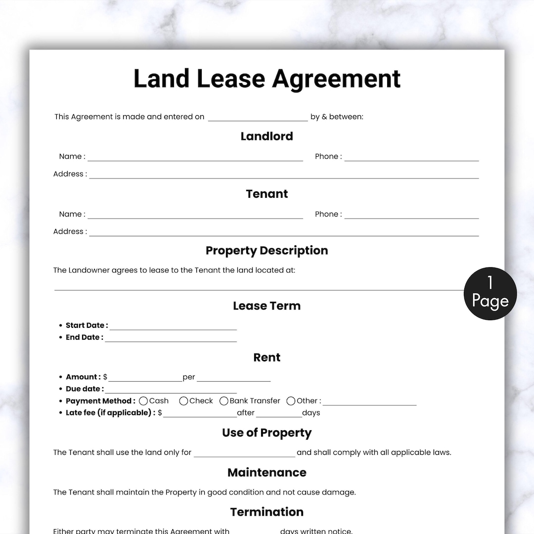 Simple Land Lease Agreement Template, One Page Land Rental Contract ...