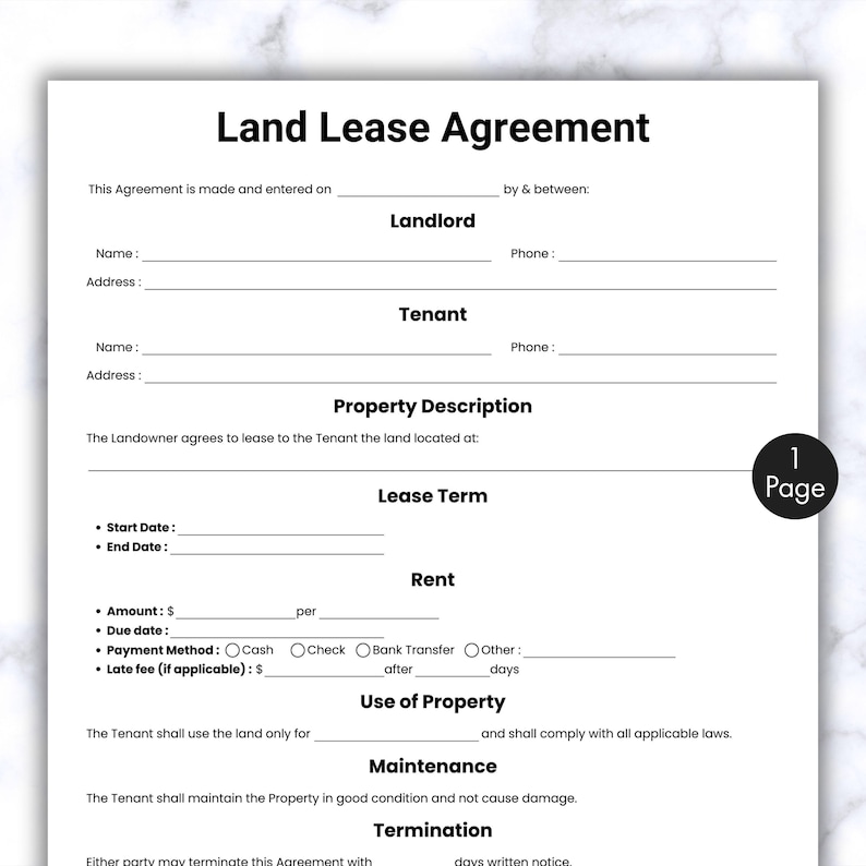 Simple Land Lease Agreement Template, One Page Land Rental Contract ...