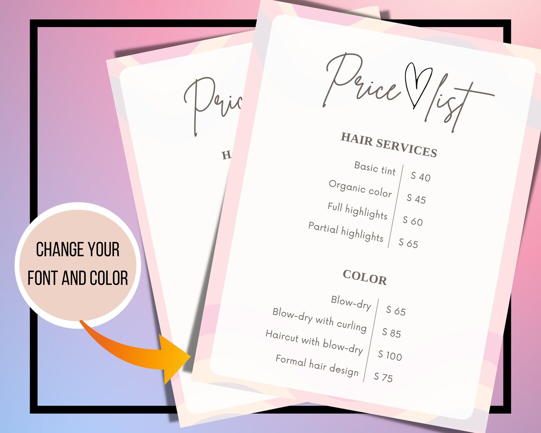 MODERN PRINTABLE PRICE List Editable Price List Template, Simple Lash ...
