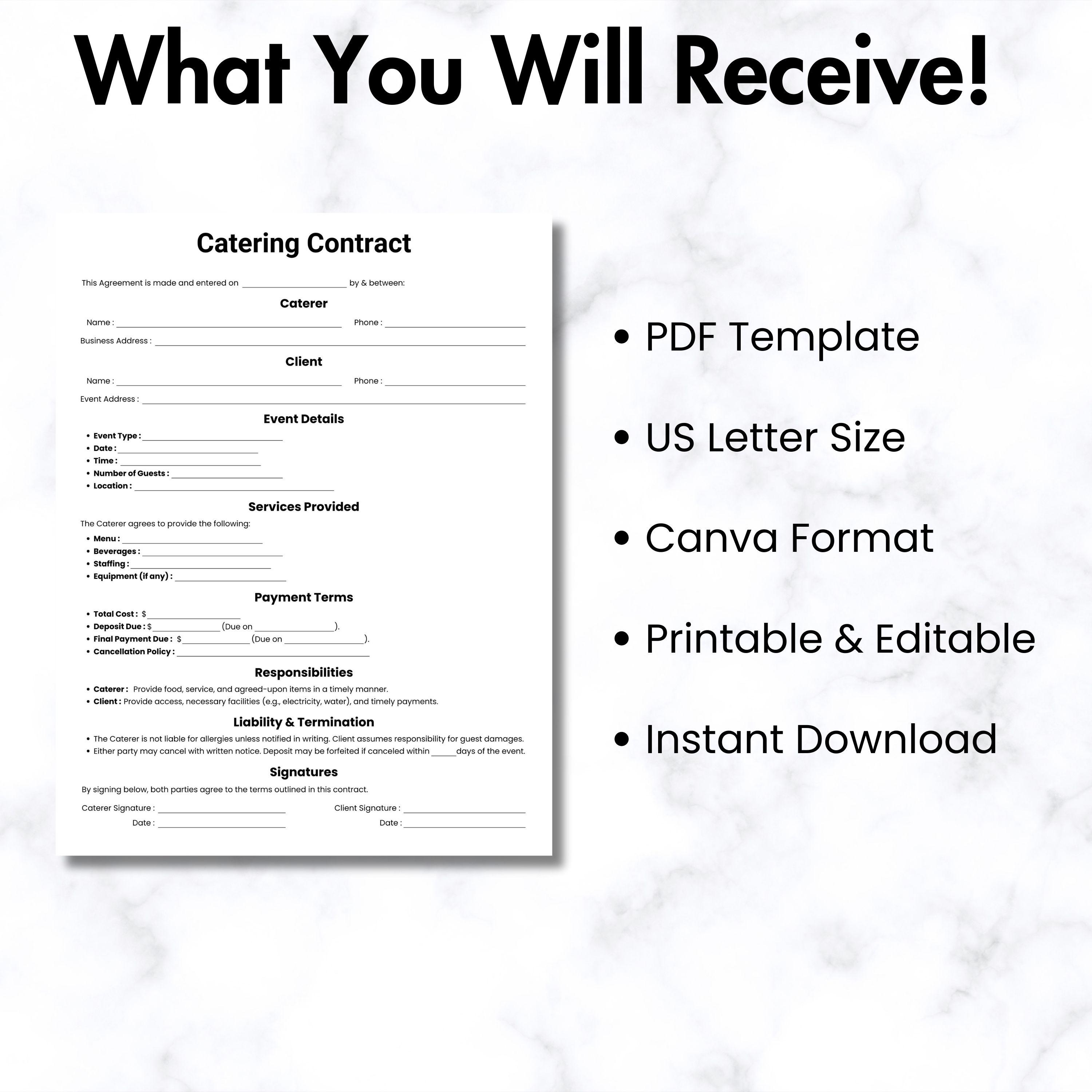 Simple Catering Contract Template, One Page Catering Service Contract ...