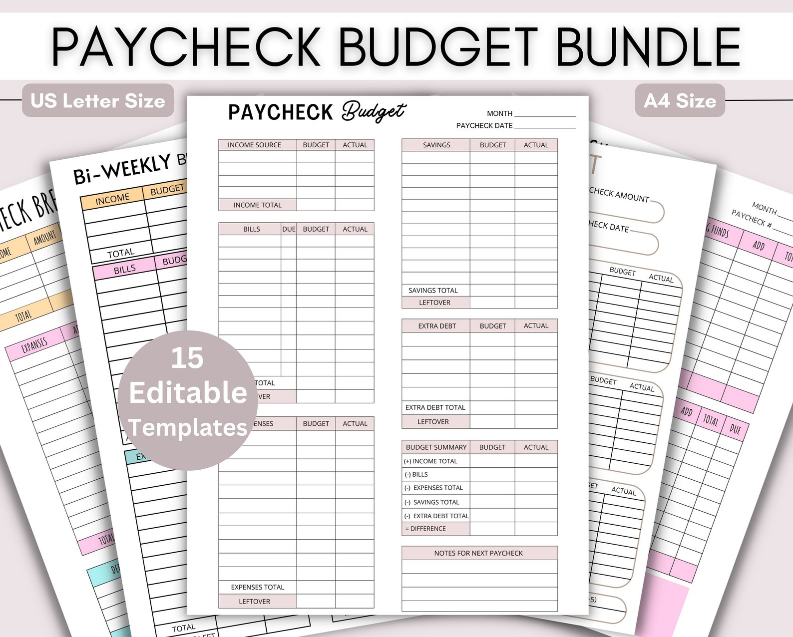 Paycheck Budget Planner Bundle Printable & Editable, Paycheck Budget ...