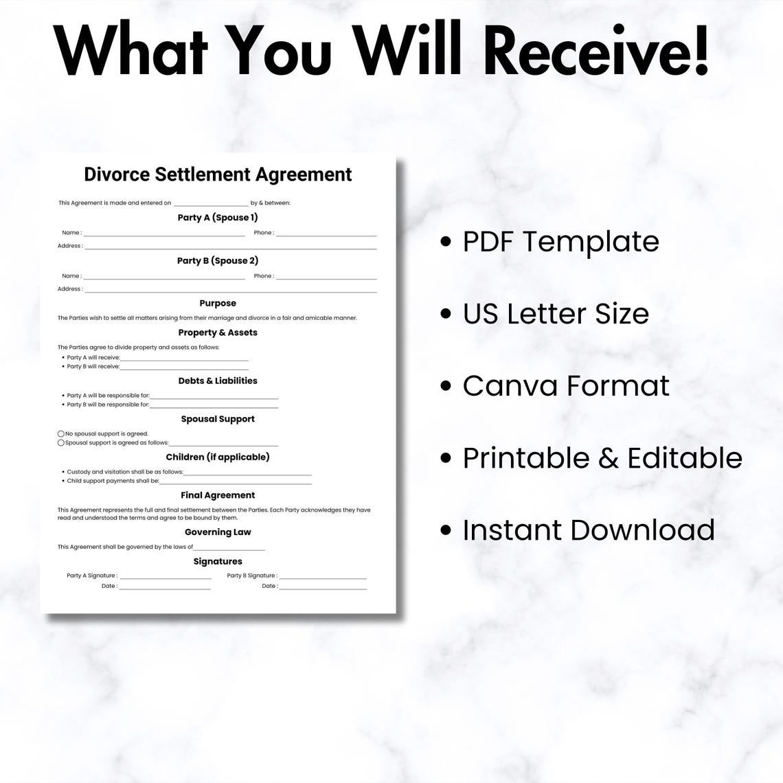 Simple Divorce Settlement Agreement, One Page Marriage Dissolution Form ...