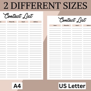 Contact List, Printable Address Book, Print at Home Insert, Simple A4 ...