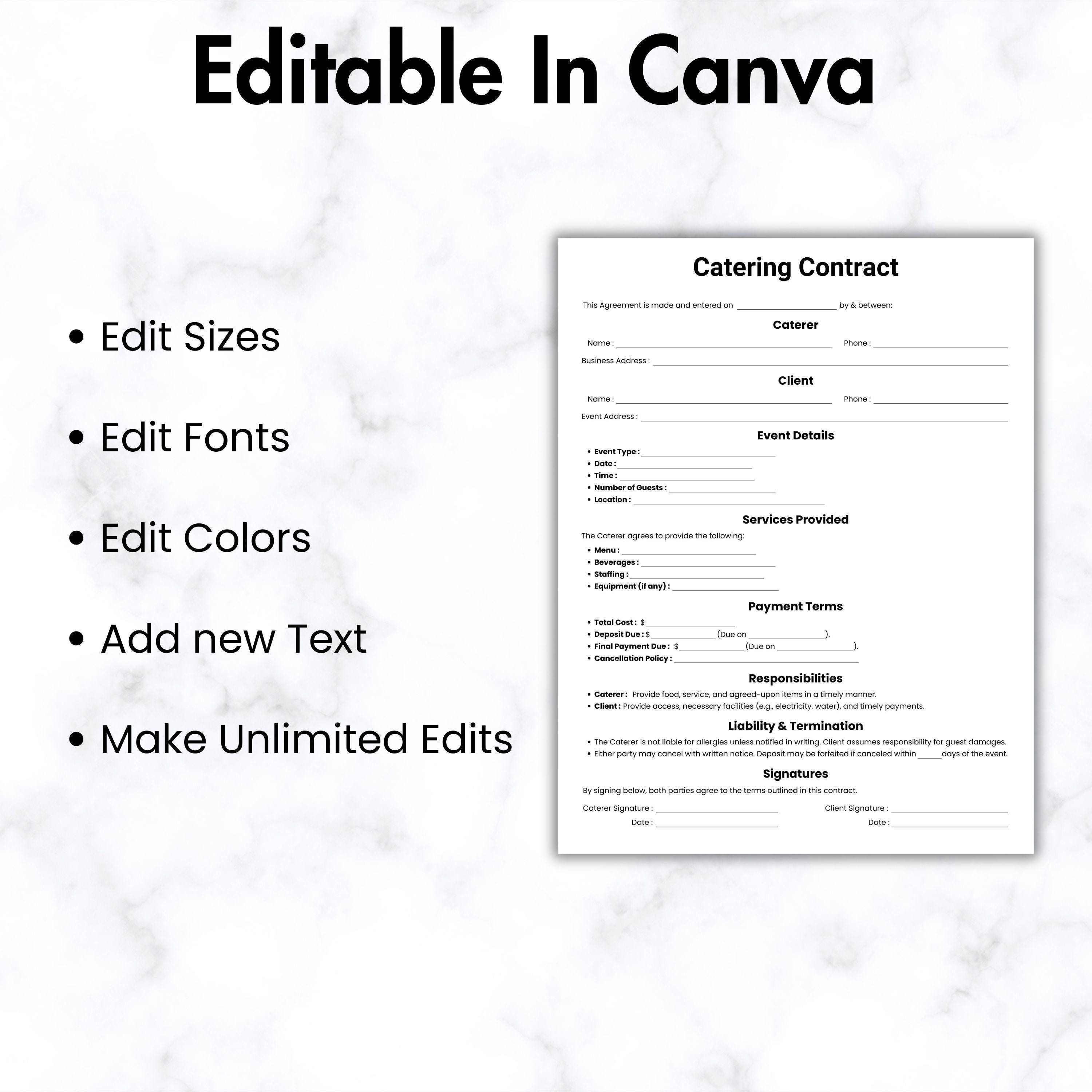 Simple Catering Contract Template, One Page Catering Service Contract ...