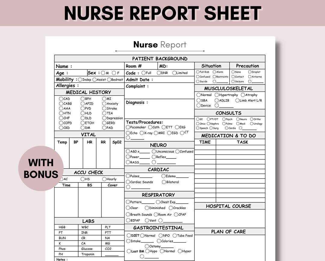 Nursing Report Sheet, Printable Med Surg, Patient Assessment, Nurse ...