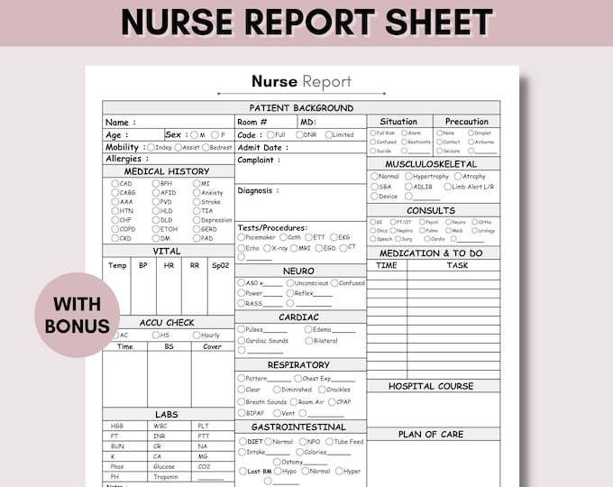 Nursing Report Sheet, Printable Med Surg, Patient Assessment, Nurse ...