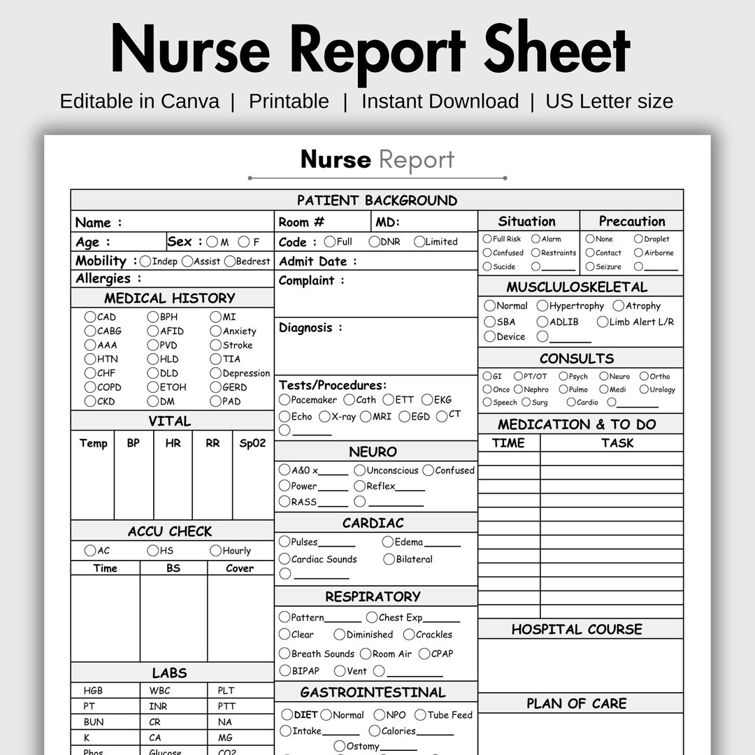 Editable Nurse Report Sheet | Printable ICU Brain Sheet | Single-page ...
