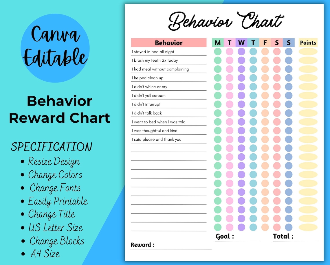 Behavior Chart for Kids Printable Behavior Reward Chart - Etsy