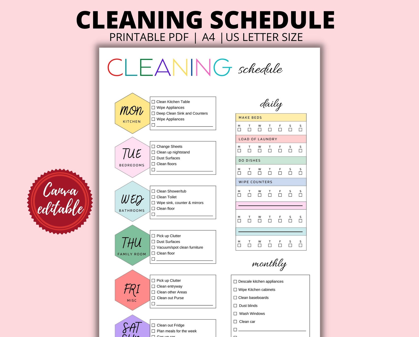 Printable Cleaning Schedule | Editable Weekly Chores | House Cleaning ...