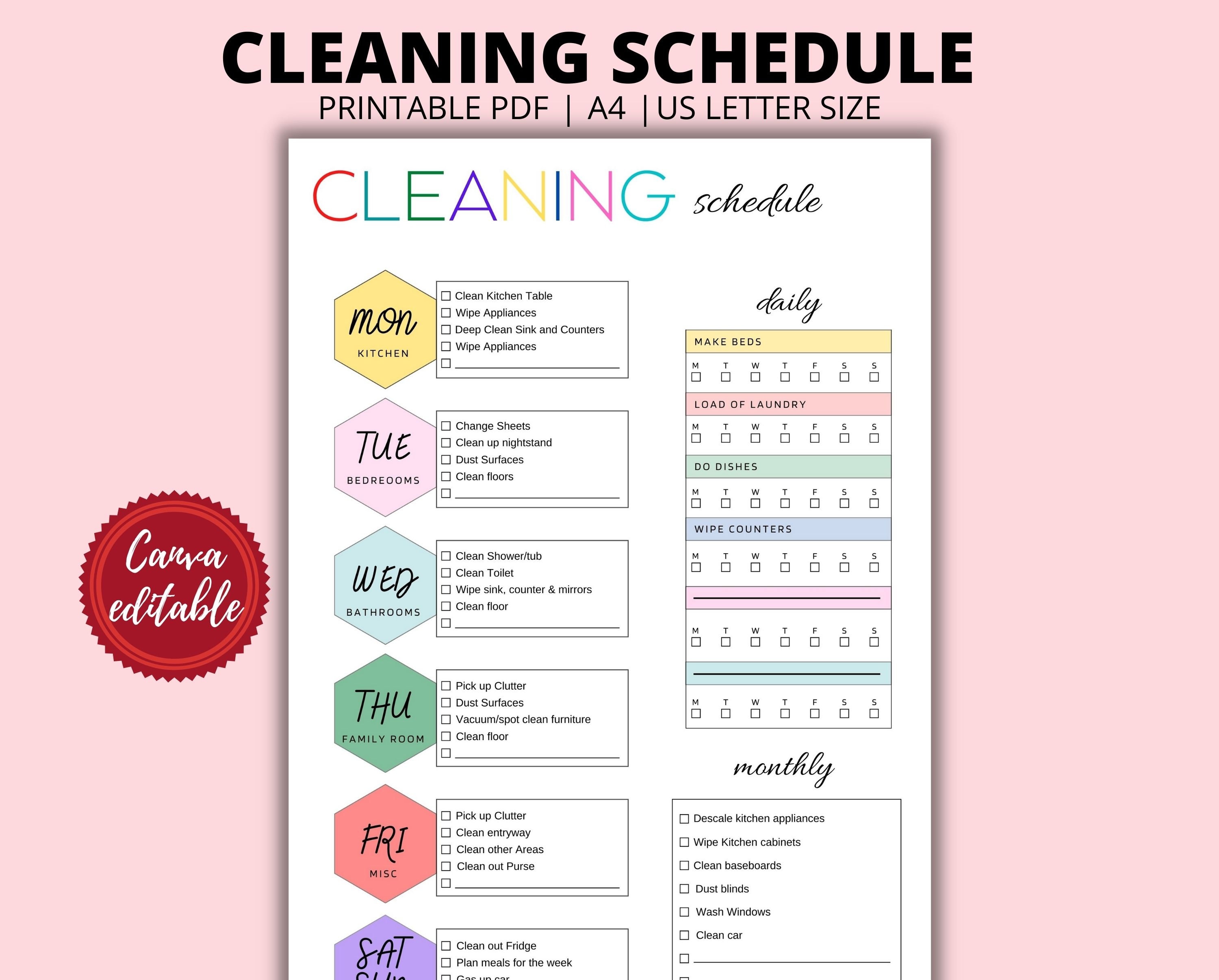 Printable Cleaning Schedule | Editable Weekly Chores | House Cleaning ...