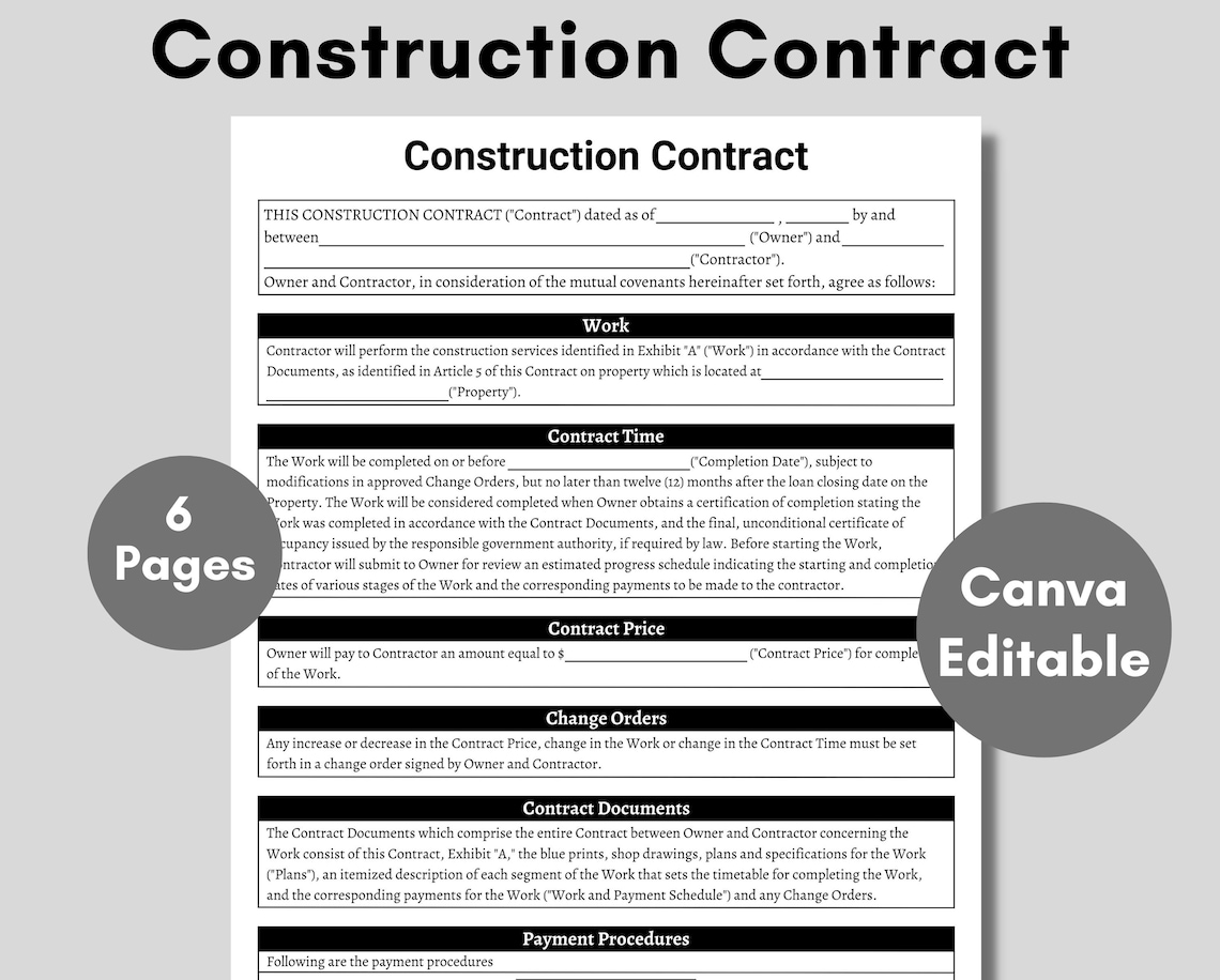 Construction Contract Printable Construction Template - Etsy