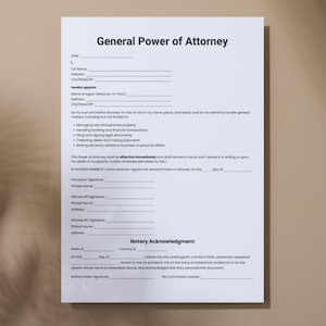 Simple General Power of Attorney, One Page POA Template, Printable ...