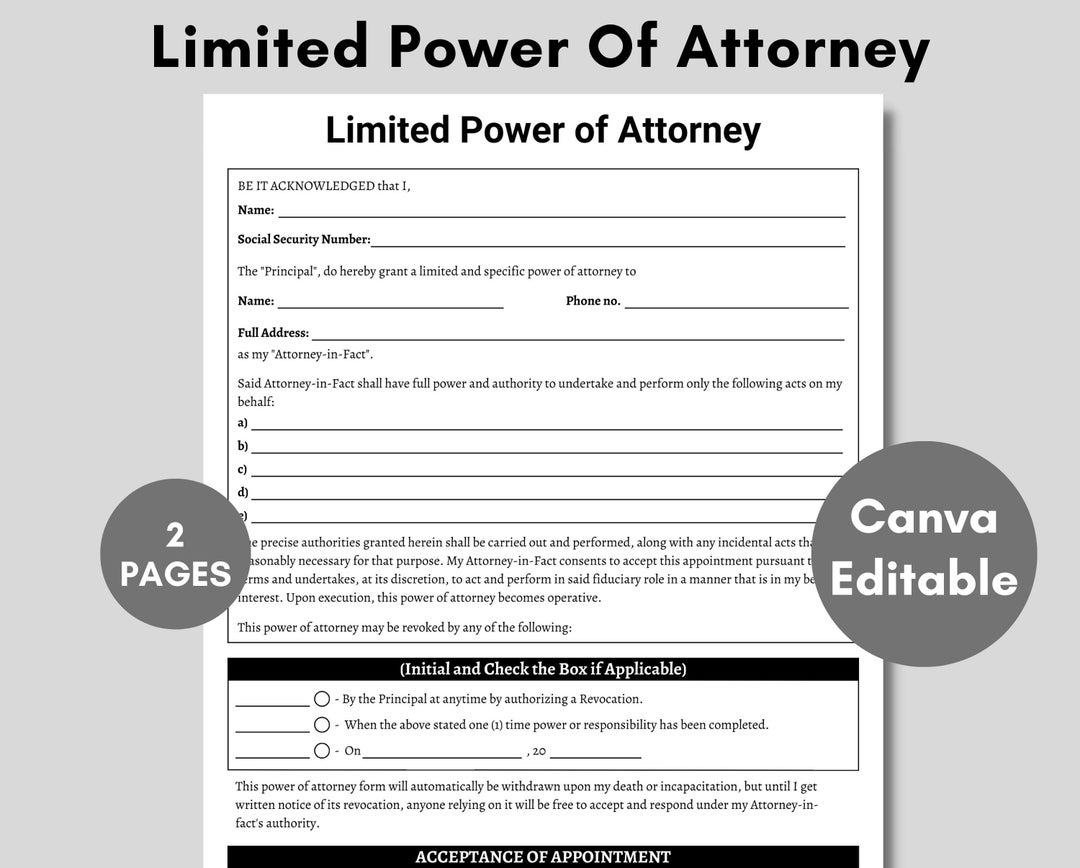 Limited Power of Attorney File, Editable Standard POA, Finance Property ...