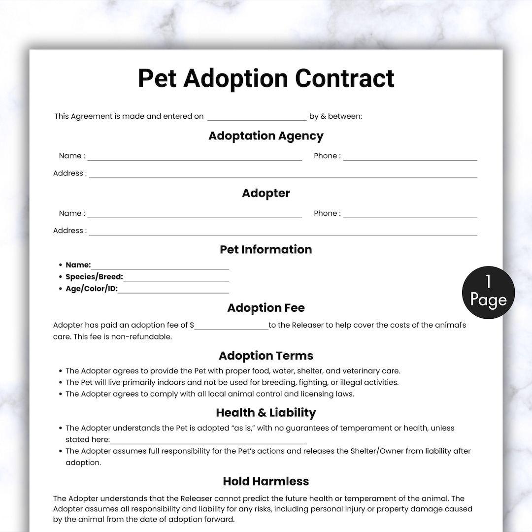 Simple Pet Adoption Contract, One Page Pet Agreement Form for Breeders ...
